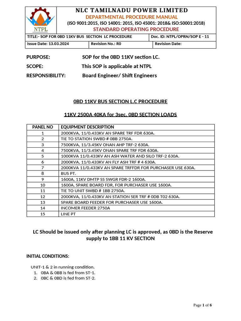 11-Sop For 0BD 11KV Section LC Procedure | PDF | Power Engineering ...