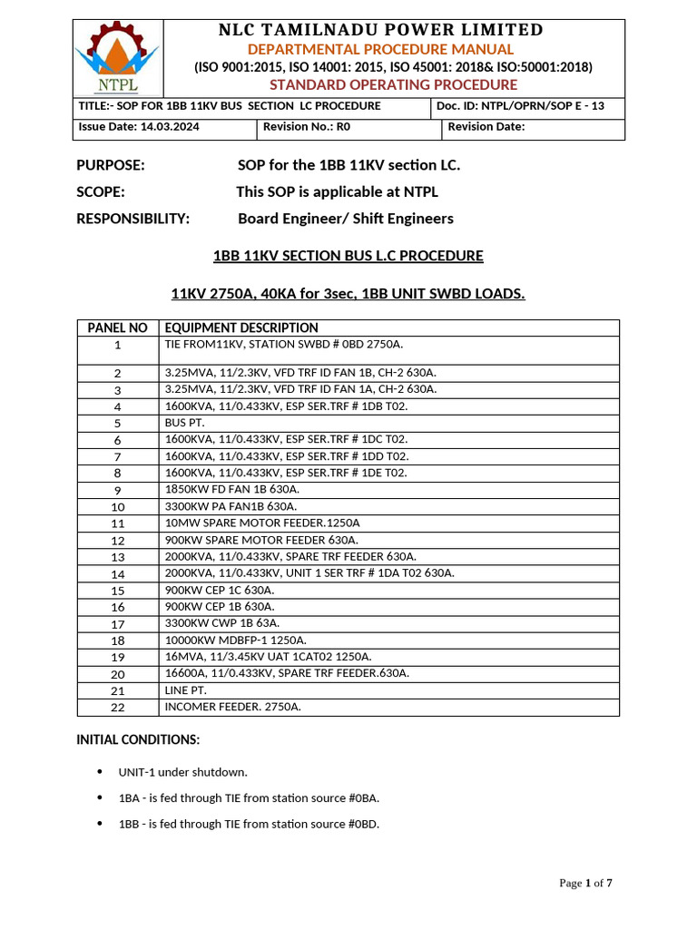 SOP for 1BB 11KV Bus Section LC | PDF | Electrical Engineering ...