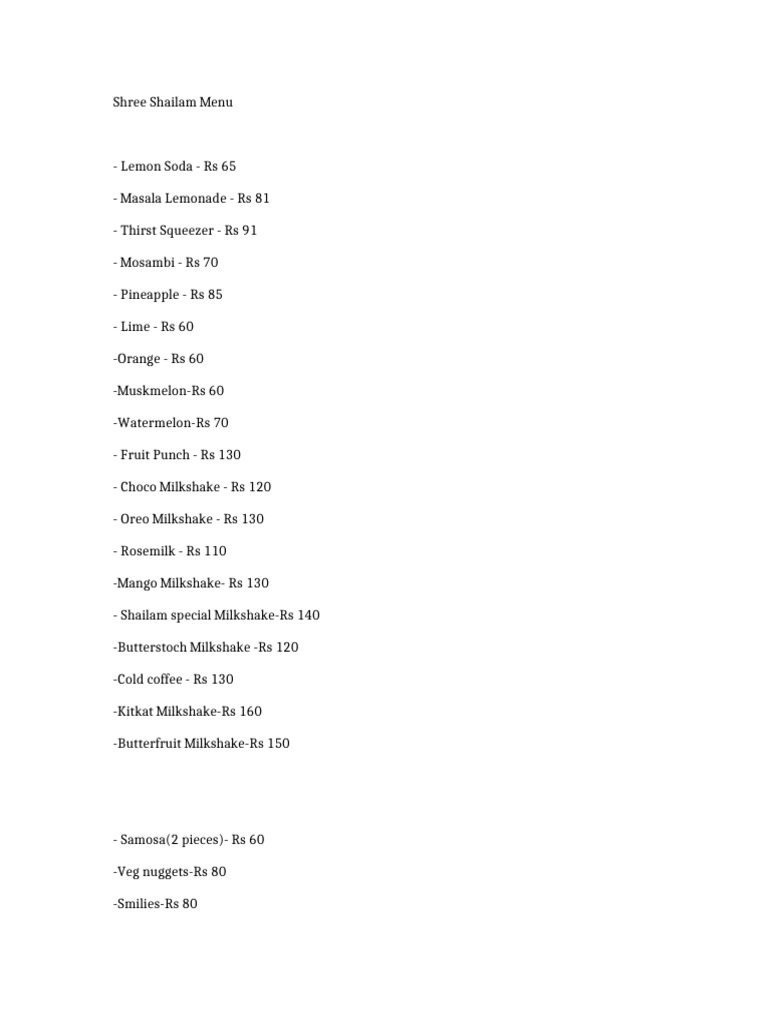 Shree Shailam Menu | PDF