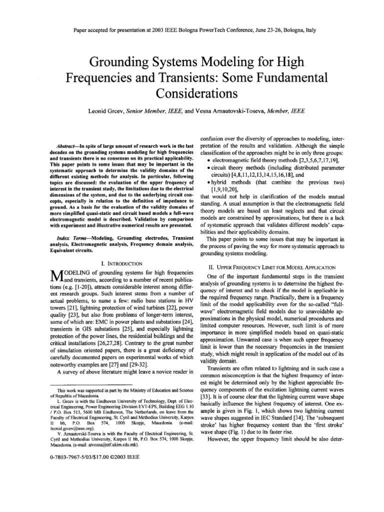 Grounding Systems Modeling For High Frequencies and Transients S | PDF ...