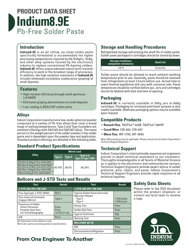 Indium8.9E Pb-Free Solder Paste Data | PDF | Soldering