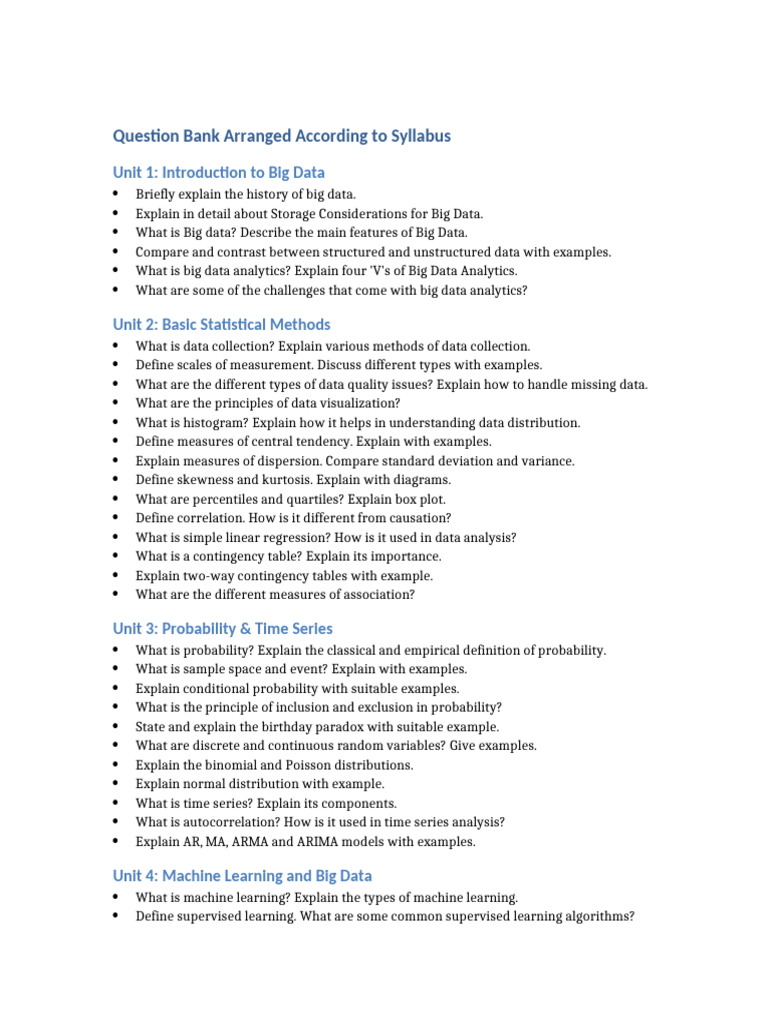 Big Data Analytics Questions by Unit | PDF | Data Analysis | Probability Distribution