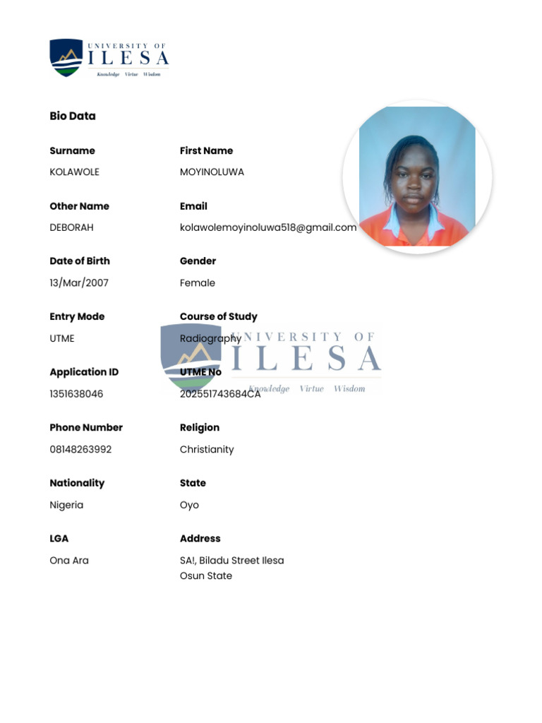 Unilesa Registration Bio Data Form | PDF