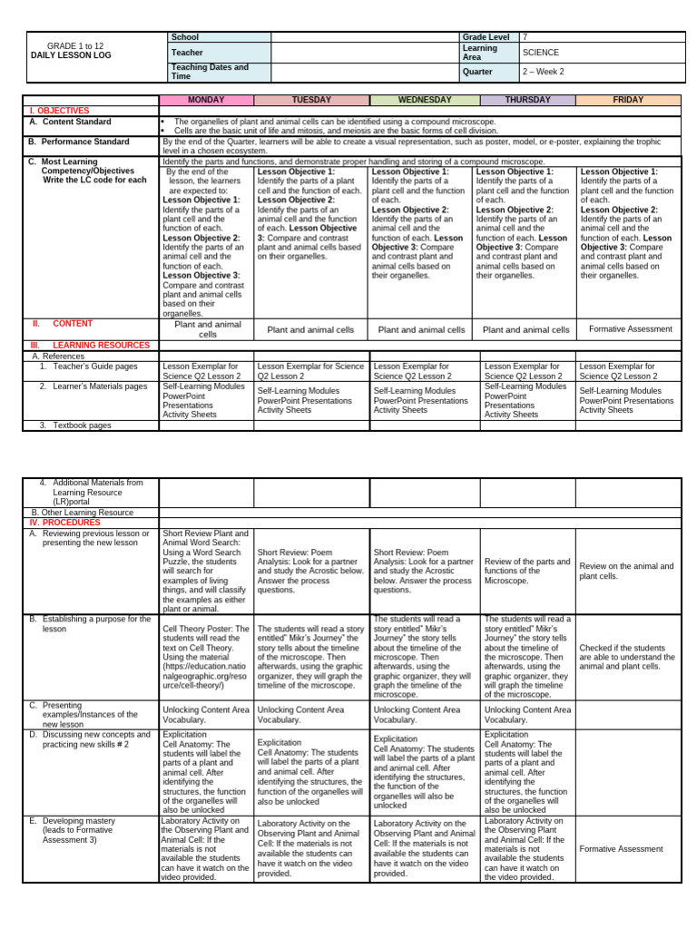 DLL Science 7 Quarter 2 Week 2 | PDF | Cell (Biology) | Cell Wall