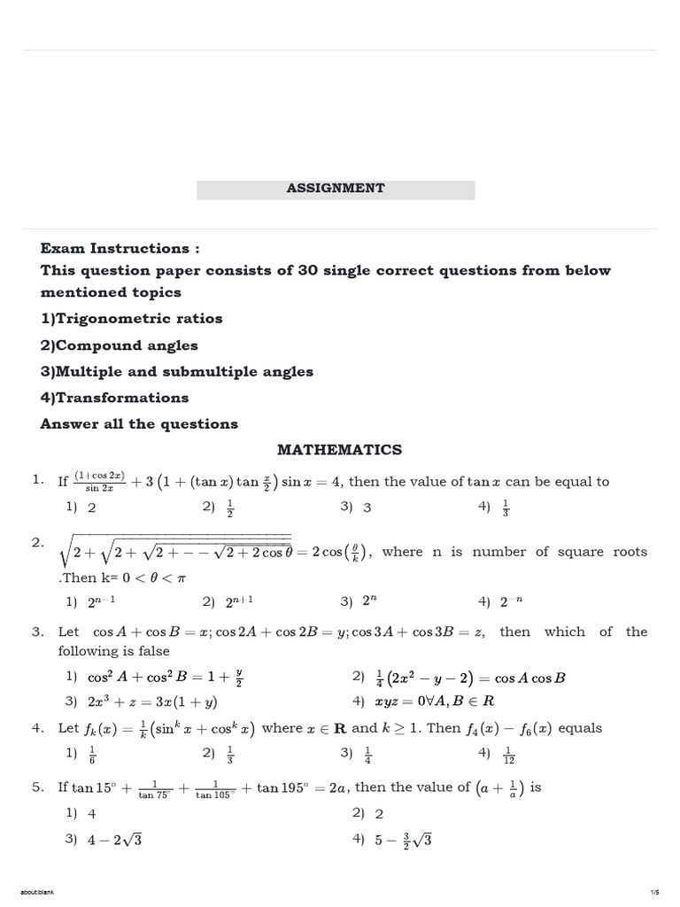 JR MPC Maths Asignment - Trigonometry | PDF | Trigonometry | Geometry