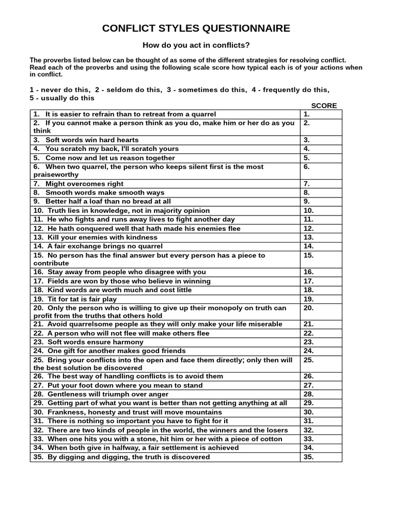 Conflict Styles Questionnaire Guide | PDF | Conflict Resolution ...