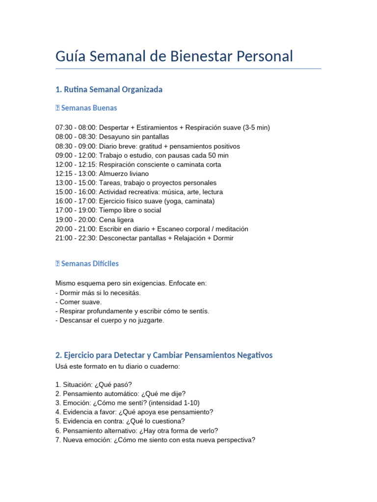 Guía Semanal Bienestar Personal | PDF