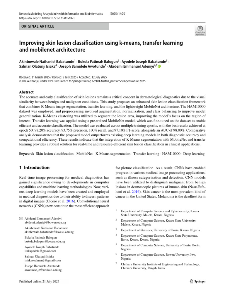 Enhanced Skin Lesion Classification Using MobileNet | PDF | Receiver ...