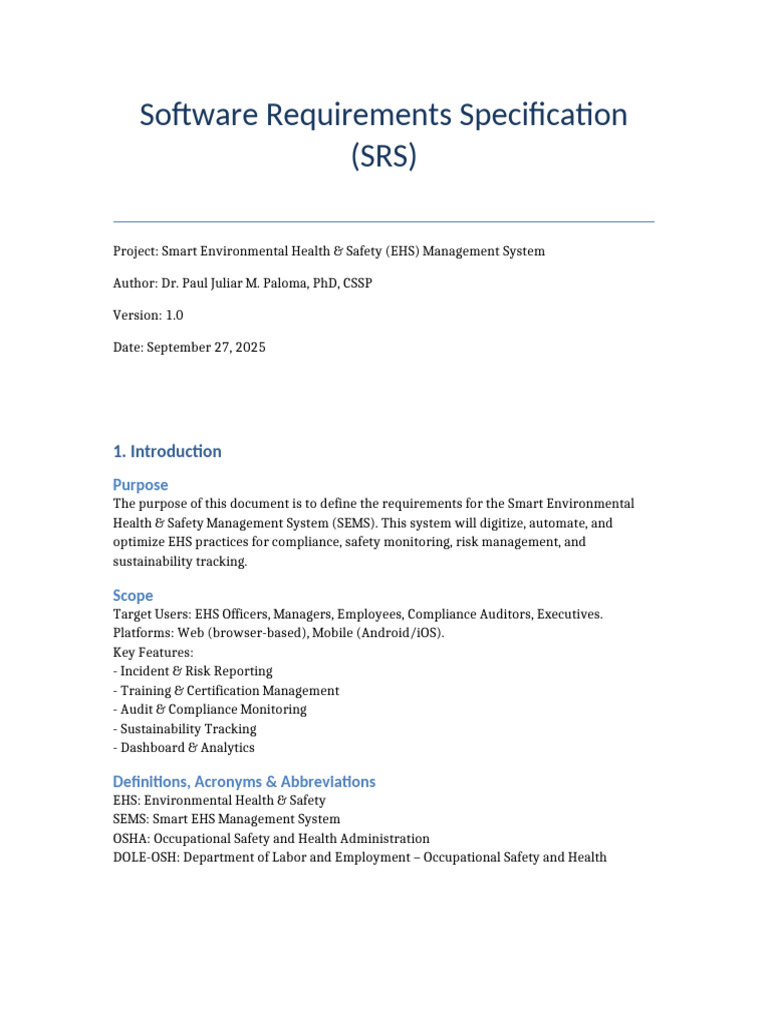 Smart EHS Management System SRS | PDF | Occupational Safety And Health ...