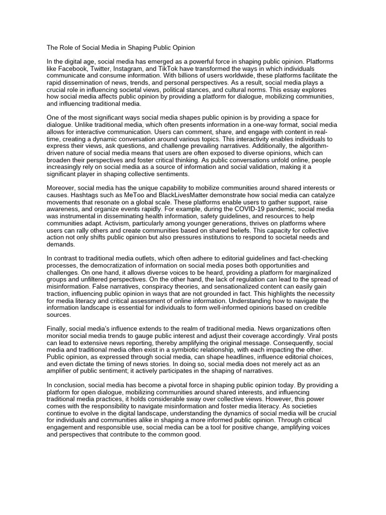 The Role of Social Media in Shaping Public Opinion | PDF | Social Media ...