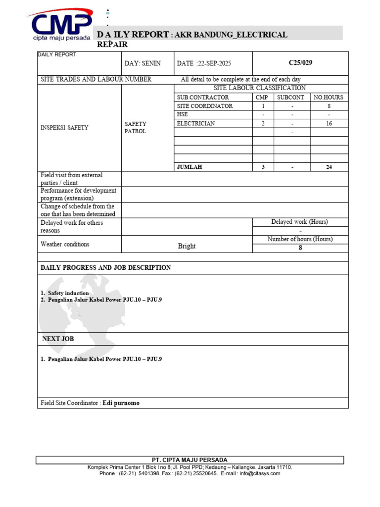 Daily Electrical Repair Report - 22 Sep 2025 | PDF