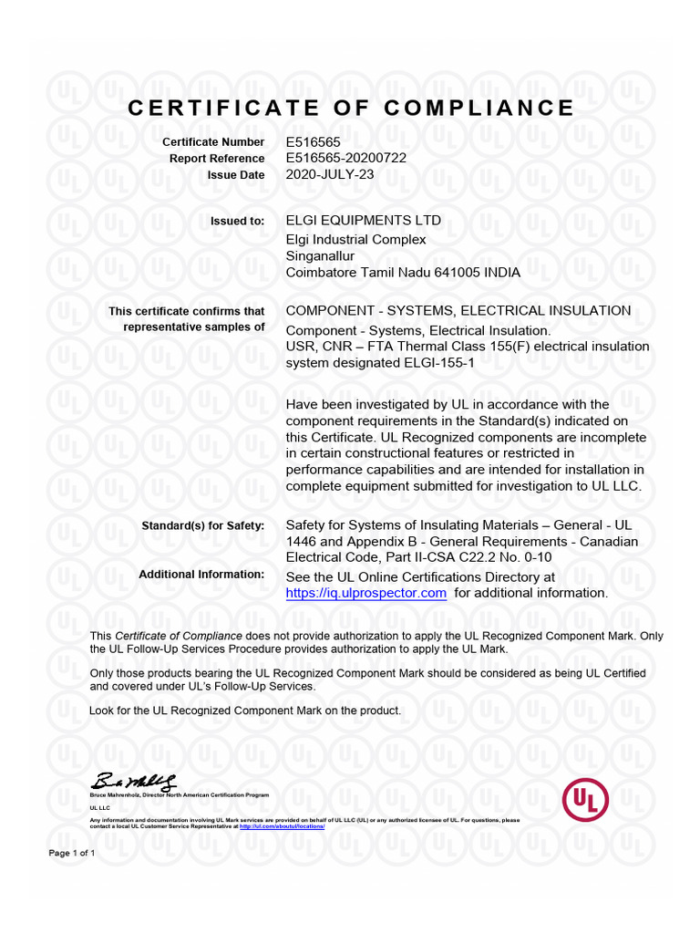 E516565 Certificate Compliance UL | PDF | Safety