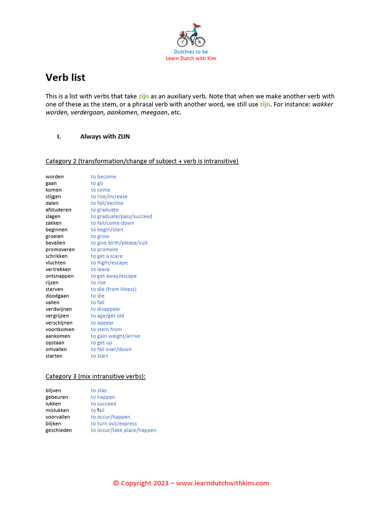 Verb List - Perfectum - Zijn | PDF | Verb | Syntax
