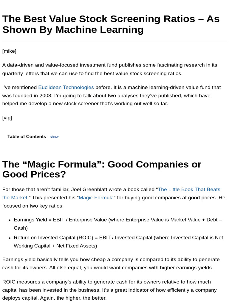 Top Value Stock Screening Ratios Explained | PDF | Investing ...