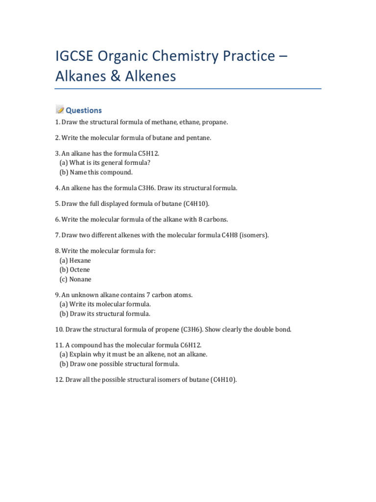 IGCSE Organic Chemistry Alkanes Alkenes Practice | PDF