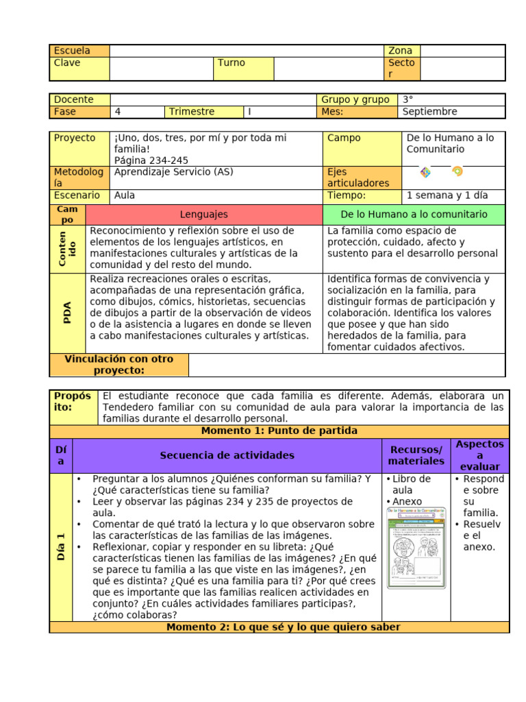Proyecto "Uno, dos, tres por mi familia" | PDF | Salón de clases ...