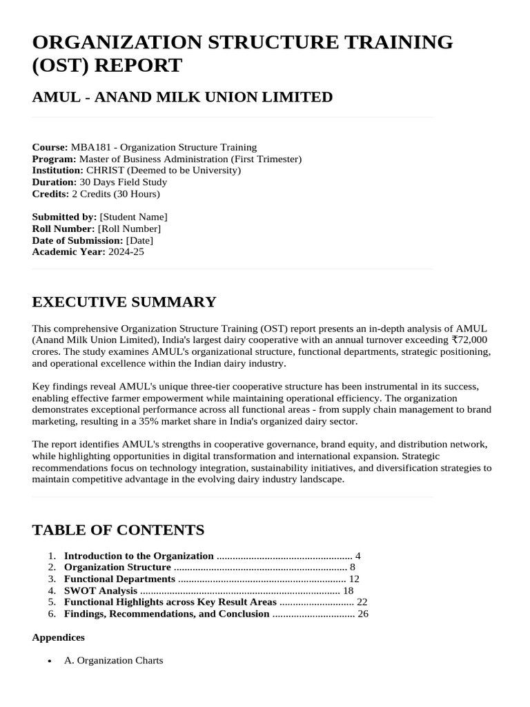 AMUL Organization Structure Training Report | PDF | Performance ...