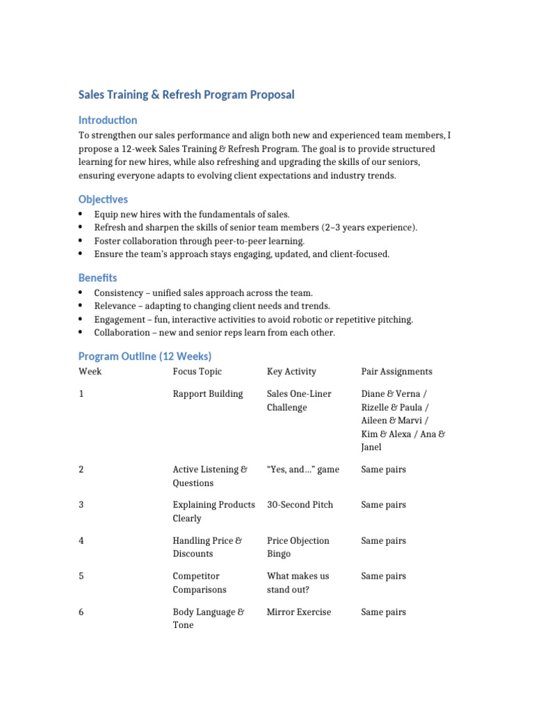 12-Week Sales Training Program Proposal | PDF | Cognition | Communication