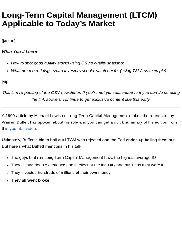 Long-Term Capital Management (LTCM) Applicable To Today's Market - Old School Value | PDF | Long ...