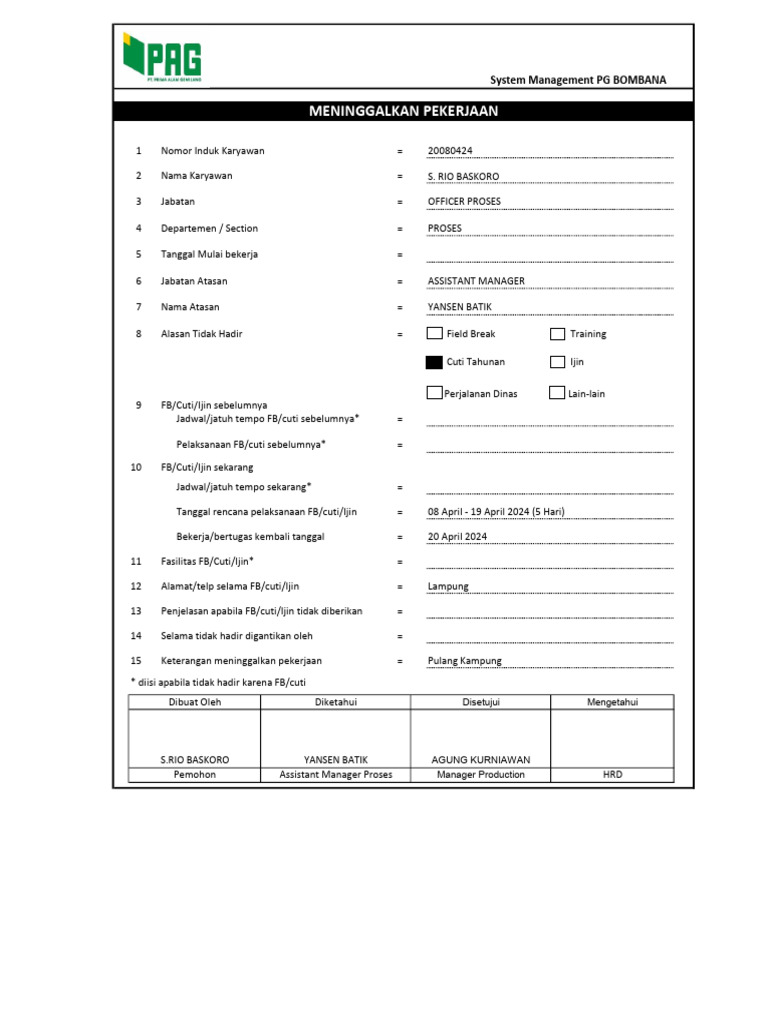 Cuti Rio Baskoro (8-19 April 2024) | PDF