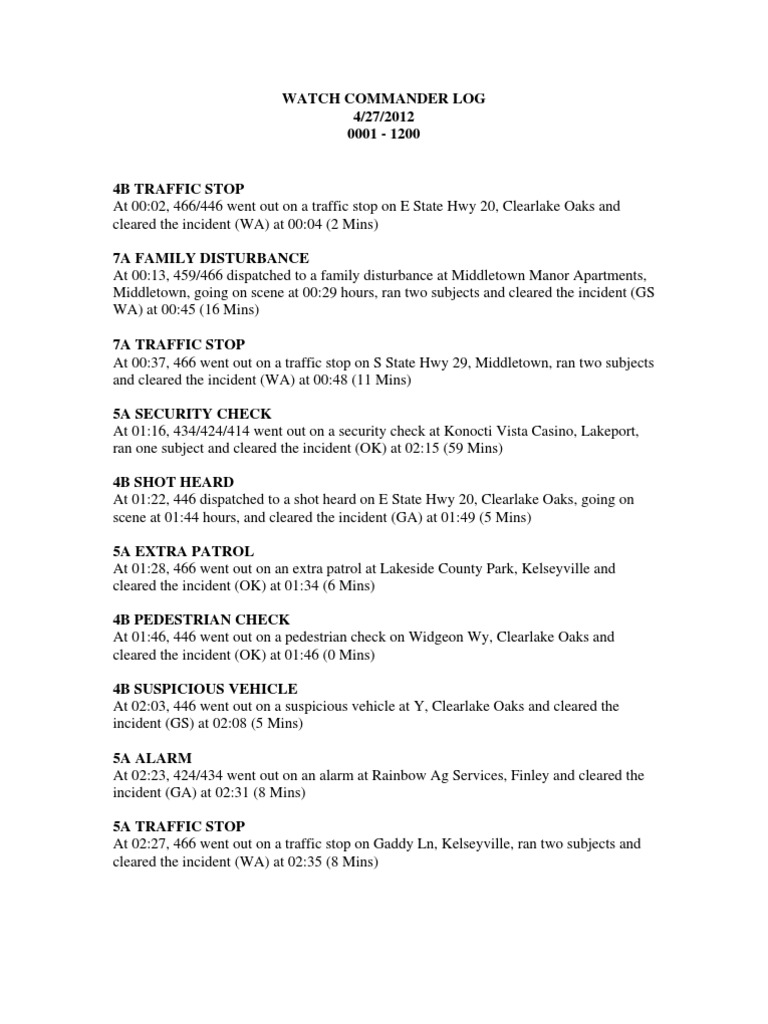Lake County Sheriff's Watch Commander Logs | PDF | Law Enforcement ...
