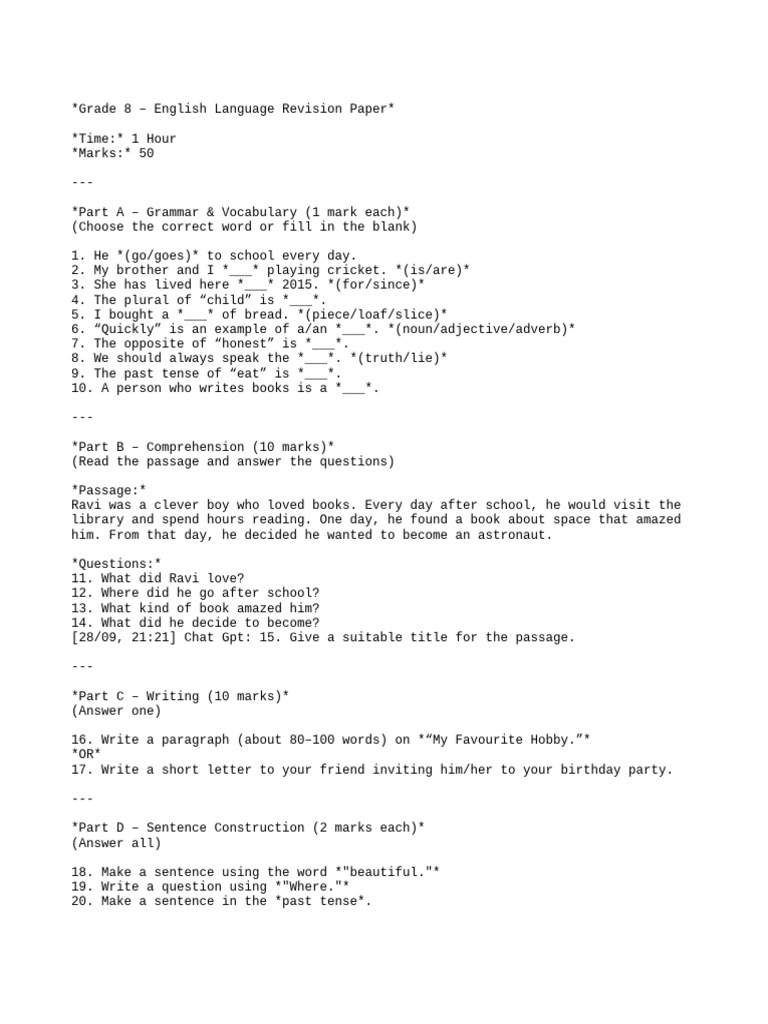 Grade 8 - English Language Revision Paper by DR - Chin Shuang 2025 | PDF