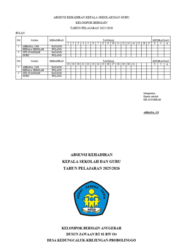 Absen Guru KB Anugerah-1 | PDF