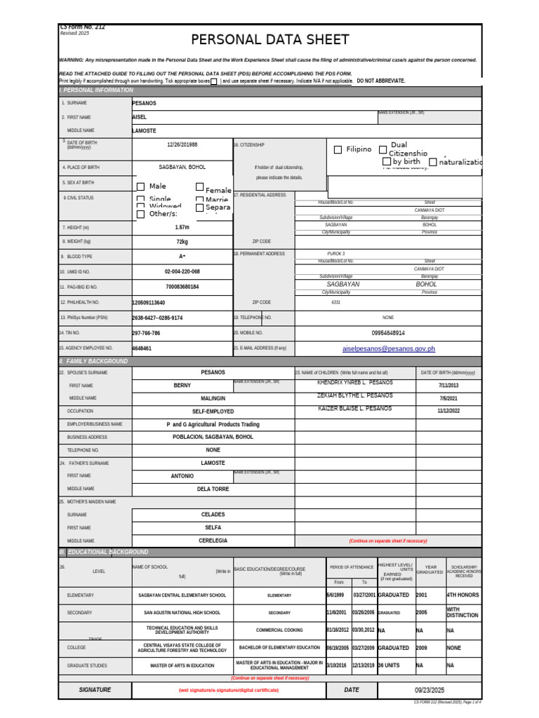 Personal Data Sheet CS Form 212 2025 | PDF | Government