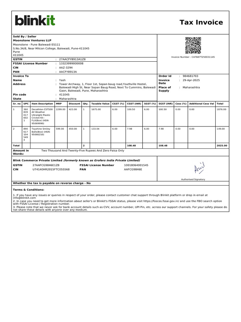 Blinkit Cricket Kit Invoice | PDF | Payments | Taxes