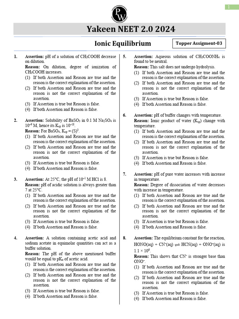 Topper Assignment-03 - Ionic Equilibrium - Yakeen 2.0 2024 (Legend ...