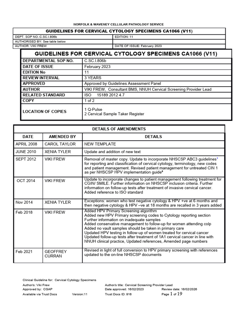 Cervical Cytology Specimens Guidelines CA1066 v11 | PDF | Cervical ...