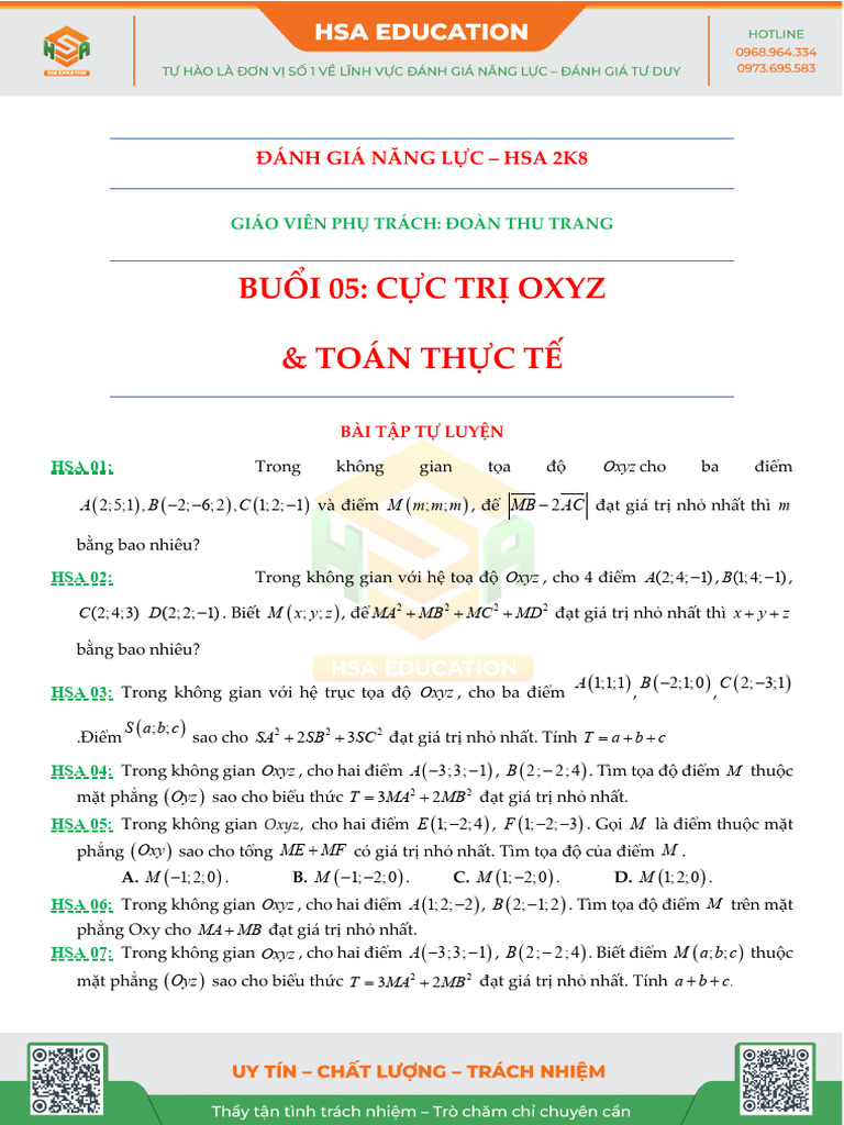 B05. PT03. HSA. 2K8. Toán Hình (Cô Trang) - BT - CỰC TRỊ OXYZ & TOÁN ...