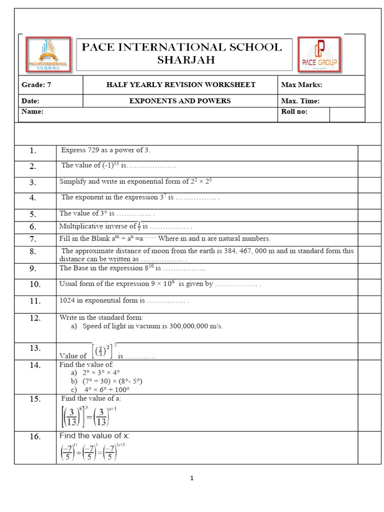 7th Grade Exponents Revision Worksheet | PDF