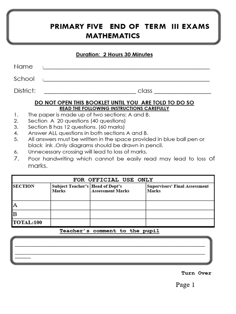 Primary Five Term 3 Maths Exam Paper | PDF | Mathematics