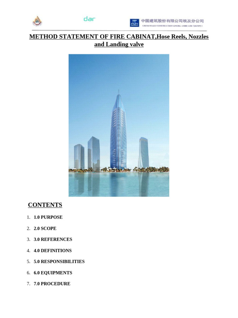 METHOD STATEMENT OF FIRE CABINAT, Hose Reels, Nozzles and Landing Valve | PDF | Pipe (Fluid ...