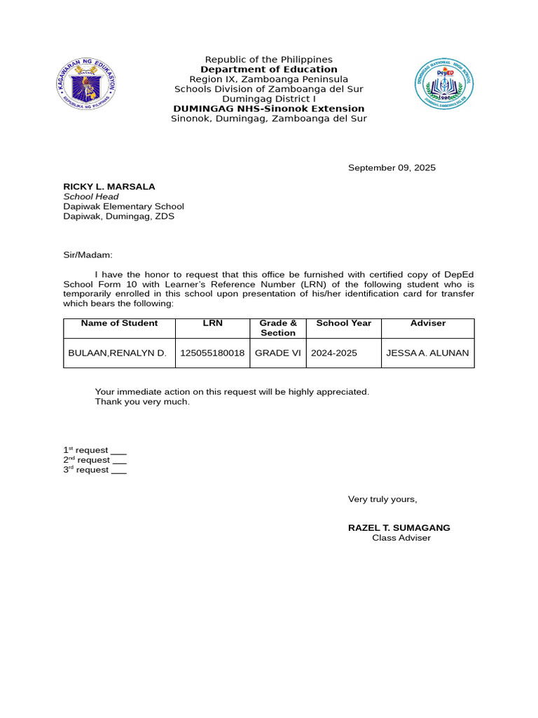 Sf10 Request Letter | PDF