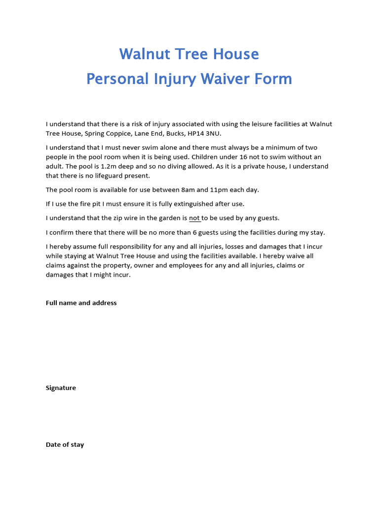 Walnut Tree House Injury Waiver Form | PDF