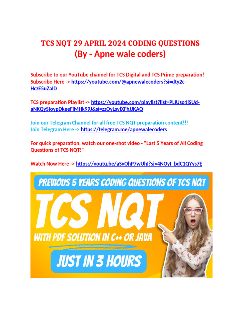 29th Tcs NQT Coding Questions | PDF | Computer Programming | C++