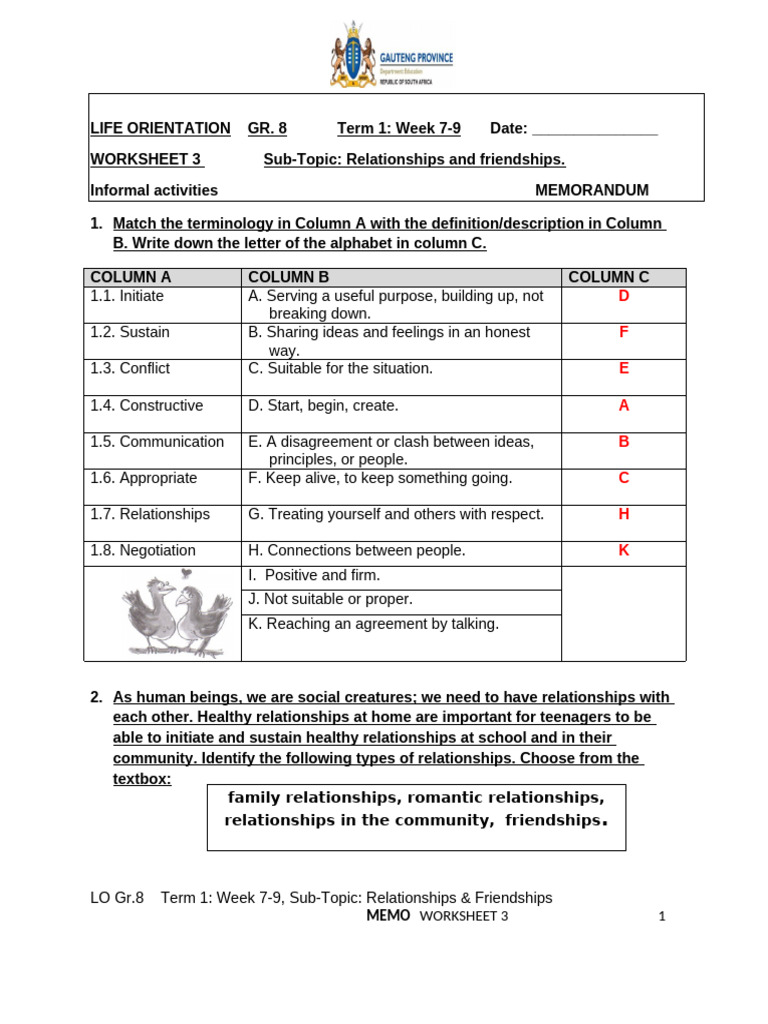 Gr. 8 Relationships & Friendships Worksheet | PDF