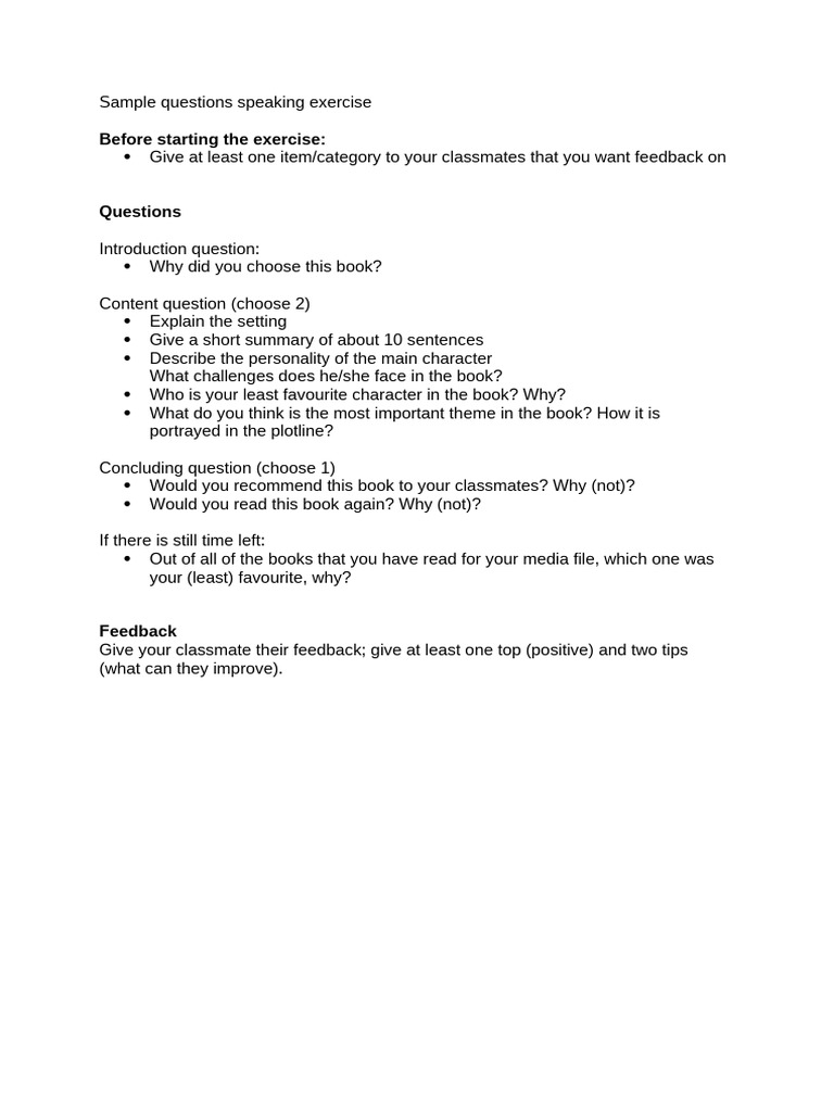 Sample Questions Speaking Exercise | PDF