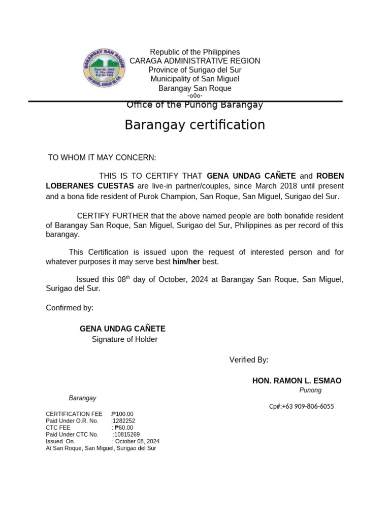 Barangay Certification for Live-in Partners | PDF | Philippines