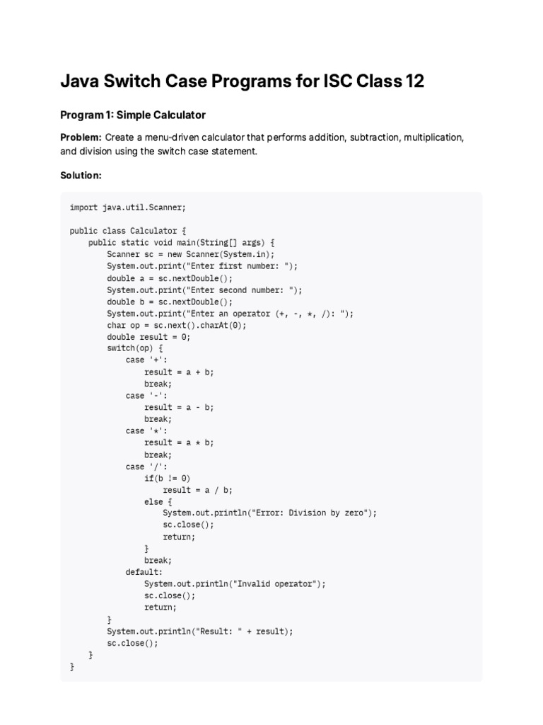Isc Switch Case Programs | PDF | Workweek And Weekend | Computer Engineering