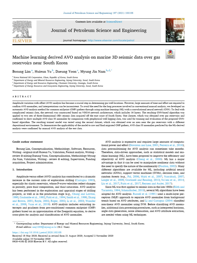 Machine Learning Derived AVO Analysis On Marine 3D Seismic Data Over Gas Reservoirs Near Shouth ...