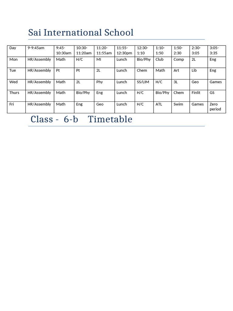 Sai International School Class Timetable | PDF