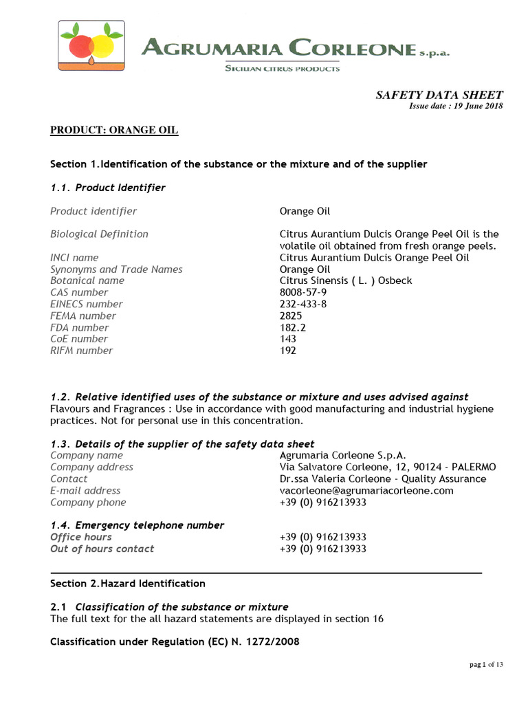 Agrumaria Corleone - SDS Orange Oil | PDF | Dangerous Goods | Toxicity