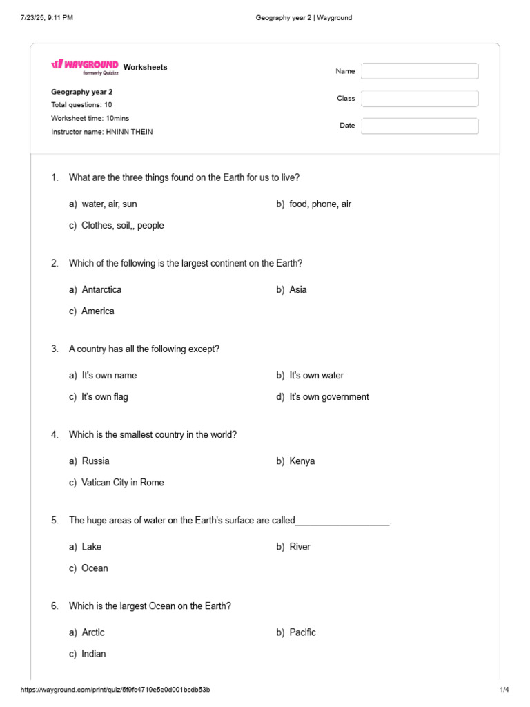 Geography Year 2 - Wayground | PDF | Earth | Water