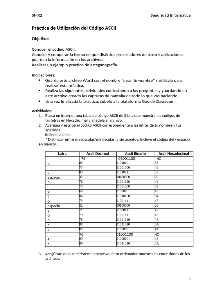 Práctica de Código ASCII y Esteganografía | PDF | Archivo de ...