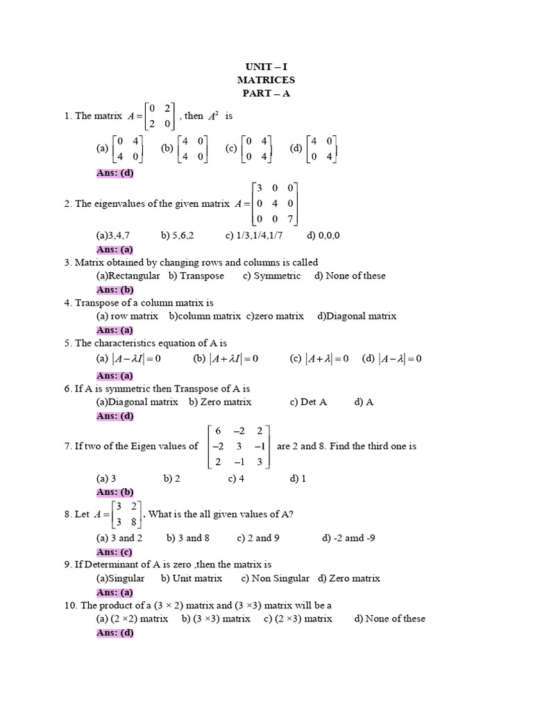 Engineering Mathematics 1mark Q&A | PDF | Matrix (Mathematics) | Curvature
