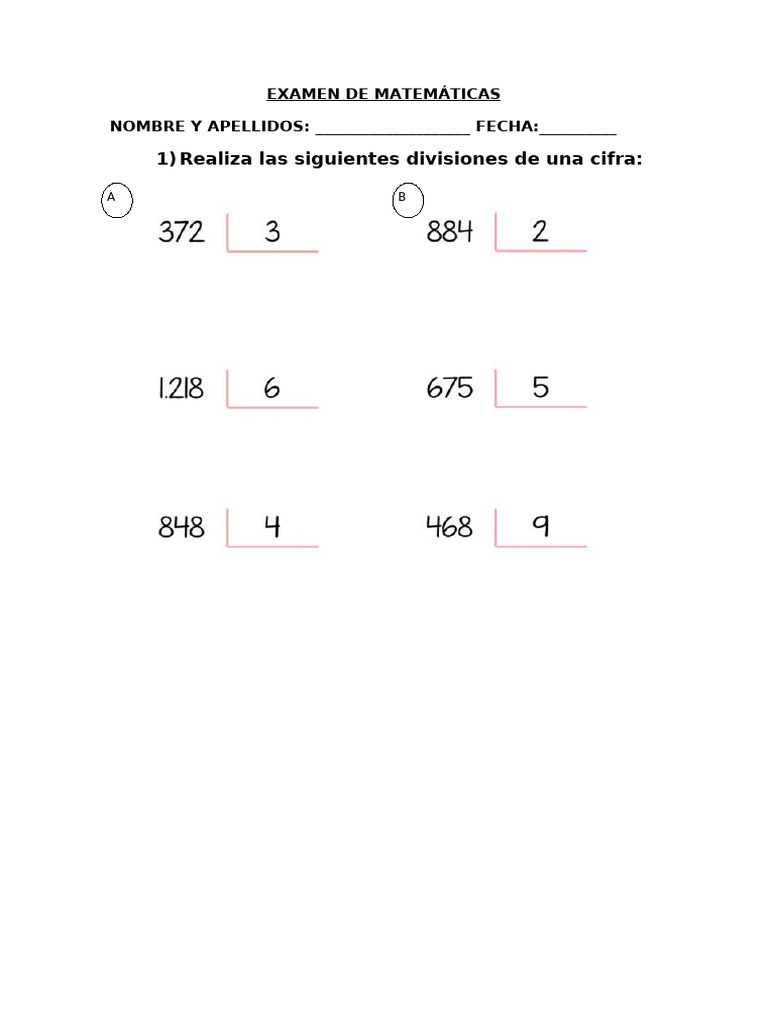 Examen de Divisiones y Problemas Matemáticos | PDF
