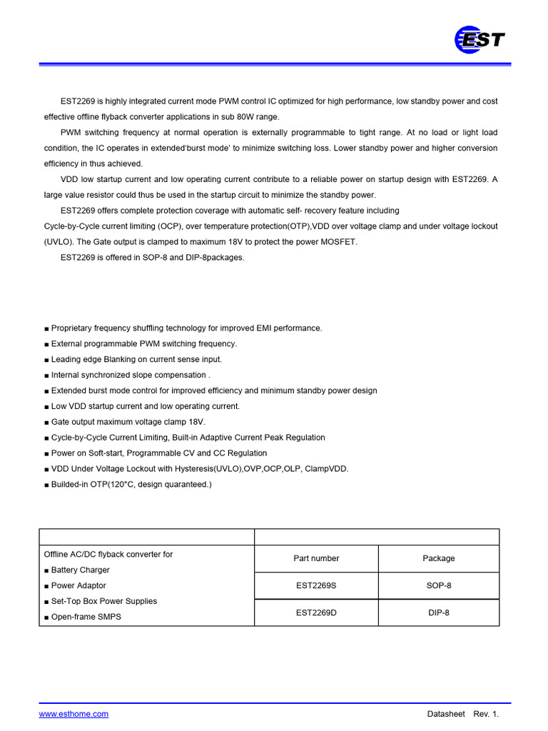 Green Mode PWM Controller - EST2269 | PDF | Mosfet | Power Supply
